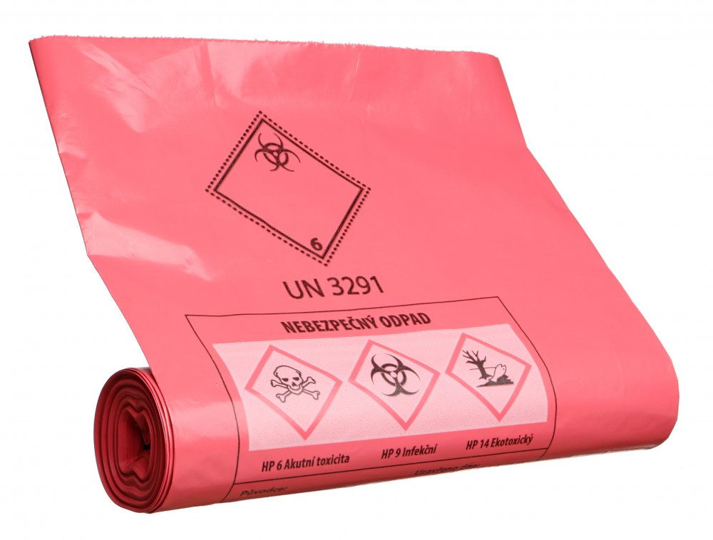 Pytel na infekční odpad červený s potiskem, 700x1100, 100mi, objem 120l ...