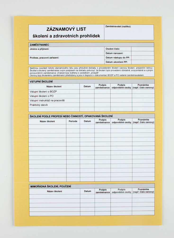 Záznamník bezpečnosti práce - záznamové listy - Verze: list A4 - Kód: 04882 | Traiva-shop.cz