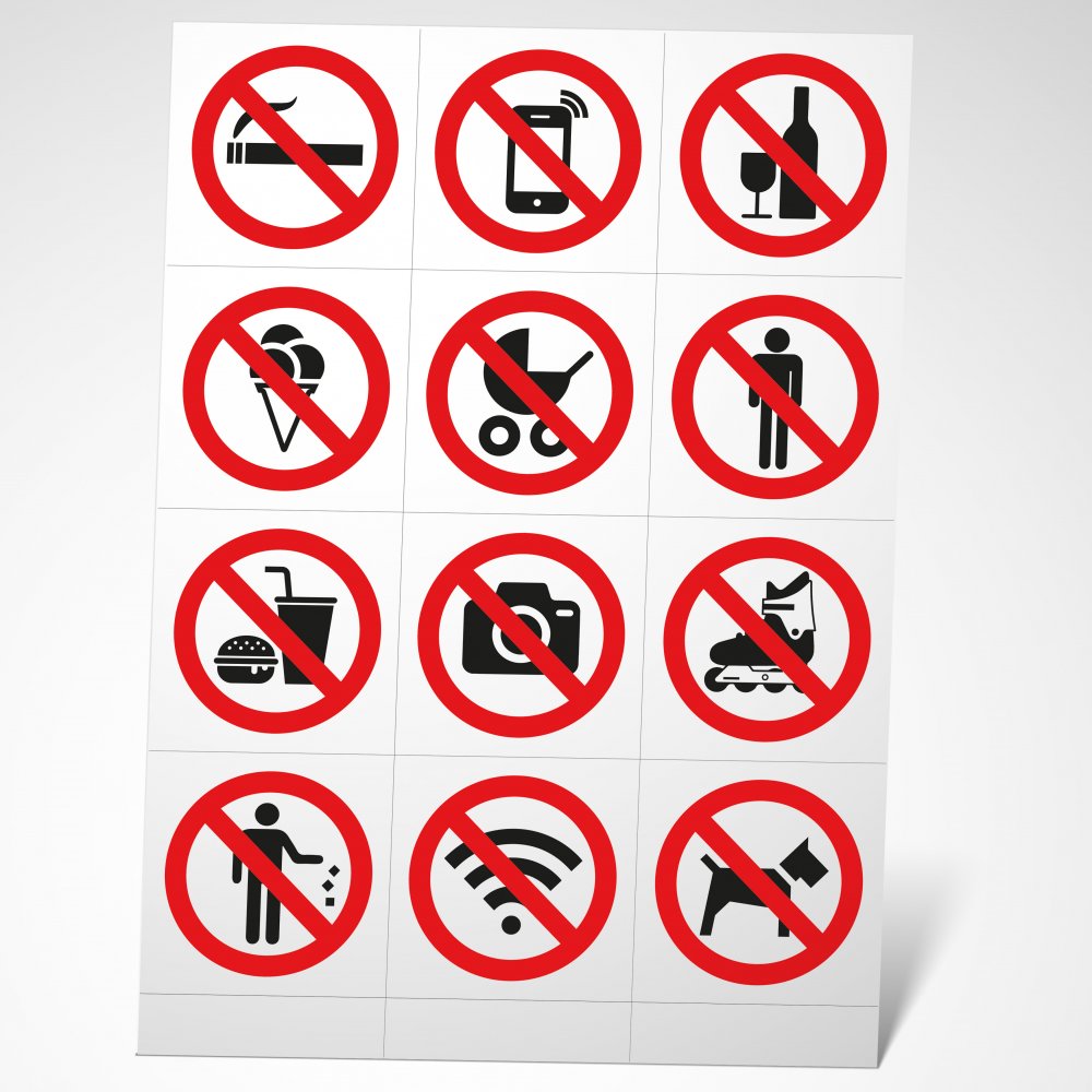 Zákazové symboly na dveře a výlohy, základní set 12 ks na archu - Varianty: Zákazové symboly na ...